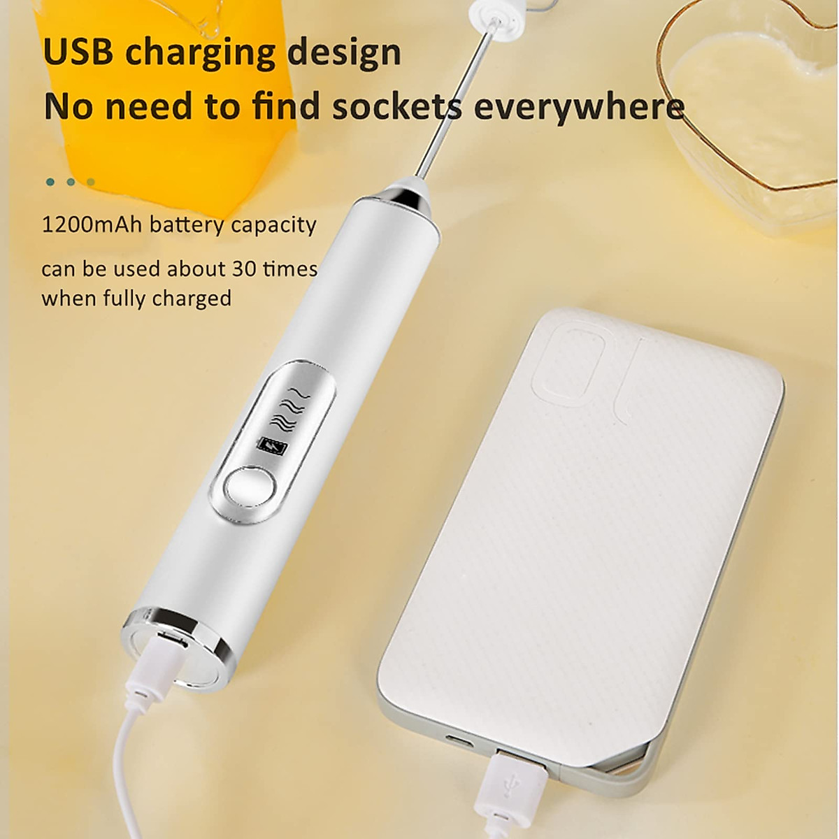 JrundMsoxz Rechargeable Milk Frother, 3-Speed Electric Handheld Frother for Coffee with 2 Whisks and Coffee Decoration Tool, Coffee Frother Mixer, Stand-up Design, for Cream, Latte, Cappuccino (White)