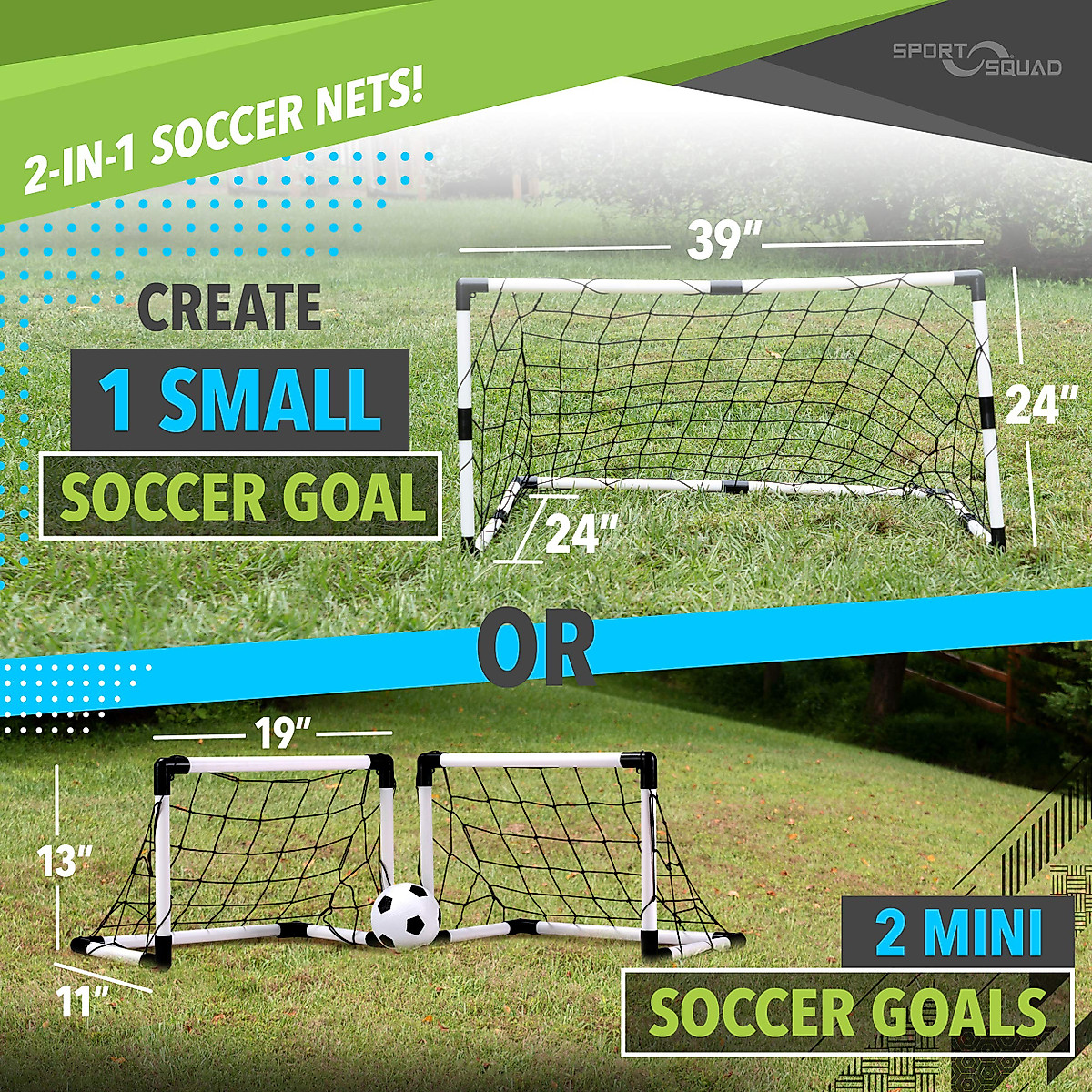 Sport Squad Mini 2-in-1 Dual Use Training Soccer Goal Net Set - Two 1.5' x 1' or One 3' x 2' - Training Soccer Goal - Easy Assembly and Compact Storage - Great for Kids