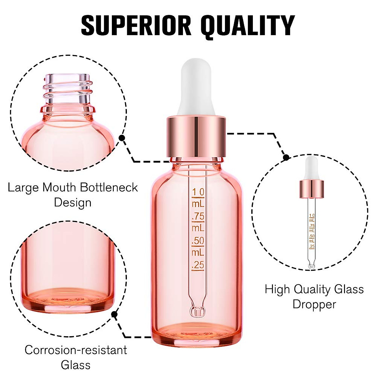 PrettyCare 4 Pack 1oz Eye Dropper Bottle Rose for Essential Oils with Measured Pipettes, 30ml Glass Bottles with Eye Droppers Tincture Bottles, Leak Proof Travel Bottles