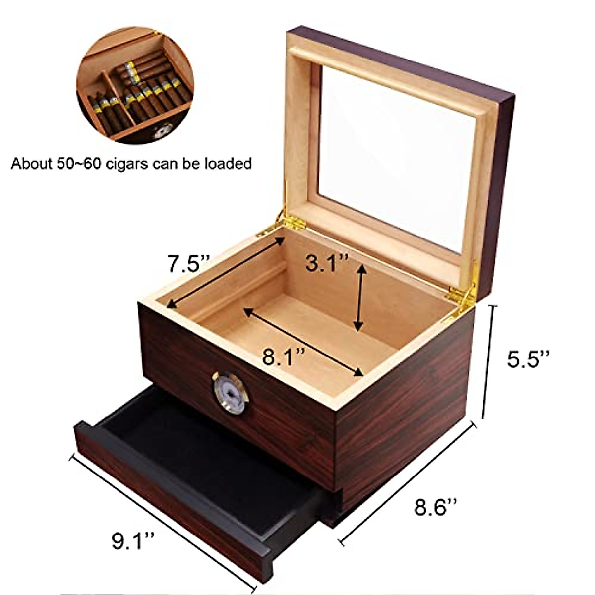 Cigar Humidor Box, Spanish Cedar Cigar Humidor Storage Box Holds 50-60 Cigar Humidors, Keeps 65% - 72% Like Humidity with Glass Top humidors, Stable Hygrometer, Humidifier and Accessory Drawer.
