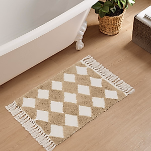 Collive Checkered Boho Bathroom Rugs, 2x3 Small Cute Throw Rug for Bedroom Modern Washable Bath Mats Cotton Woven Tufted Rug, Farmhouse Entryway for Kitchen Laundry Entrance Decor, Khaki