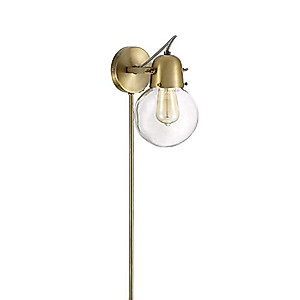 Amazon Brand – Rivet Mid-Century Modern Single Glass Globe Plug-In Wall Sconce With LED Light Bulb - 9.5 x 6.25 x 9.75 Inches, Gold Satin Brass - 21168-001