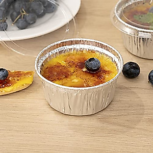 Restaurantware Foil Lux 4 Ounce Creme Brulee Cups, 100 Freezable Disposable Ramekins - Flat Lids Sold Separately, Oven-Ready, Silver Aluminum Baking Cups, Greaseproof, Stackable