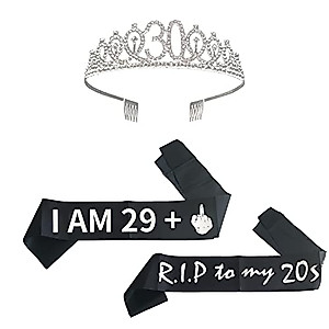 Joyiou 30th Birthday Sash and Tiara Set, Funny Dirty 30th Birthday Gift for Women, RIP to My 20s Sash & I Am 29 Plus 1 Sash, 30 Years Old Birthday Party Decorations Supplies Favor Supplies
