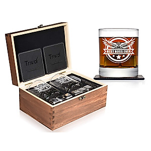 Best Boss Ever Whiskey Glass Stones Gifts for Boss, Funny Men's Christmas Birthday Day Gifts for Boss Supervisor Office Administrator Mentor Manager Coach Friends, Bourbon Scotch Glass Gift Set