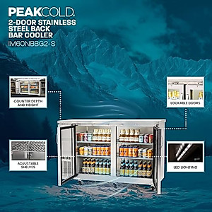 PEAKCOLD 2 Glass Door Commercial Back Bar Cooler; Stainless Steel Under Counter Refrigerator; 60" W