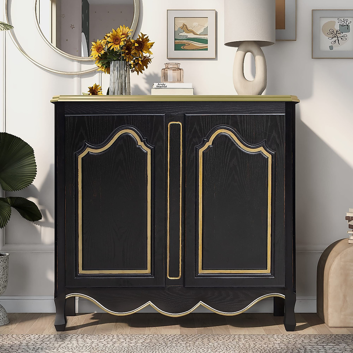 yoptote 2 Doors, Sideboard w/Enough Save Spaces,Pure Hand Drawn,Solid Wood Legs,Study and Entryway,Black Storage Cabinet
