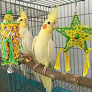 CooShou 3Pcs Bird Parrot Shredder Toys Handmade Bamboo Parrot Conures Chewing Toy with Rattan Five-Pointed Stars Small Bird Hanging Swing Foraging Toy for Cockatiels Budgie Parroket