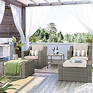 SOLAURA 5 Piece Patio Conversation Set Outdoor Furniture Set, Grey Wicker Lounge Chair with Ottoman Footrest, W/Coffee Table & Cushions (Beige) for Garden, Patio, Balcony, Deck