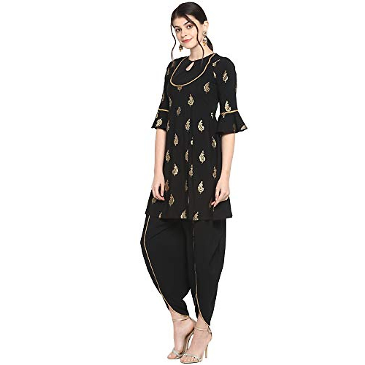 Janasya Indian Women's Black Poly Crepe Kurti with Dhoti Pant(SET182-KR-DH)