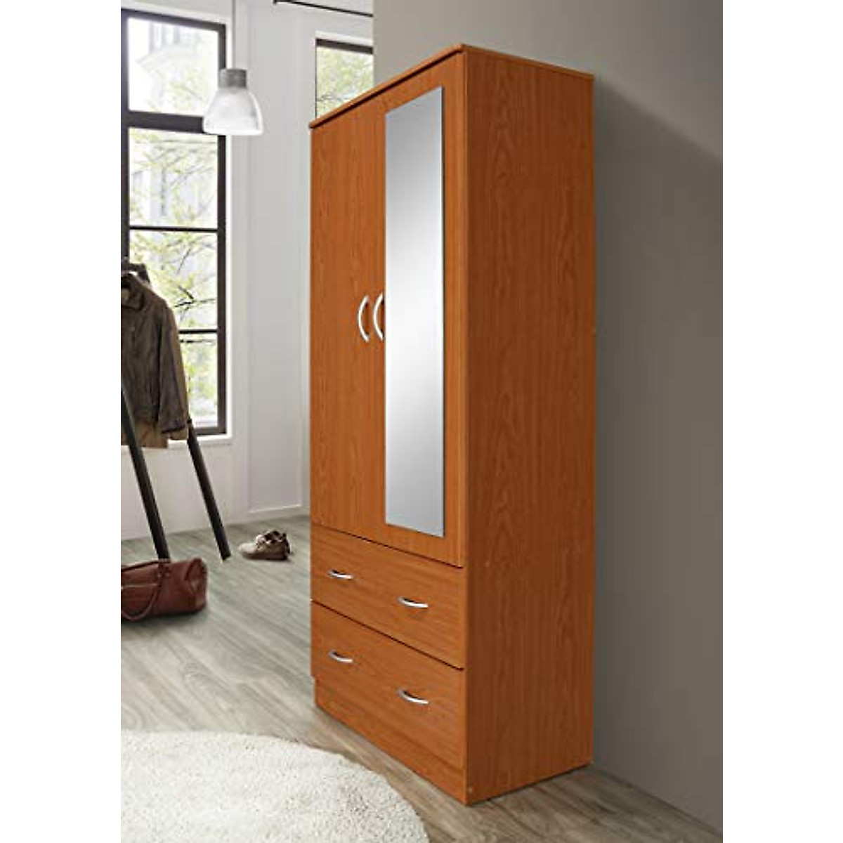 Hodedah Two Door Wardrobe with Two Drawers and Hanging Rod plus Mirror, Cherry