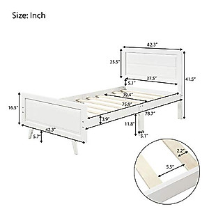 HomJoones Wood Platform Bed Twin Bed Frame Mattress Foundation Sleigh Bed with Headboard/Footboard/Wood Slat Support,Twin (White)