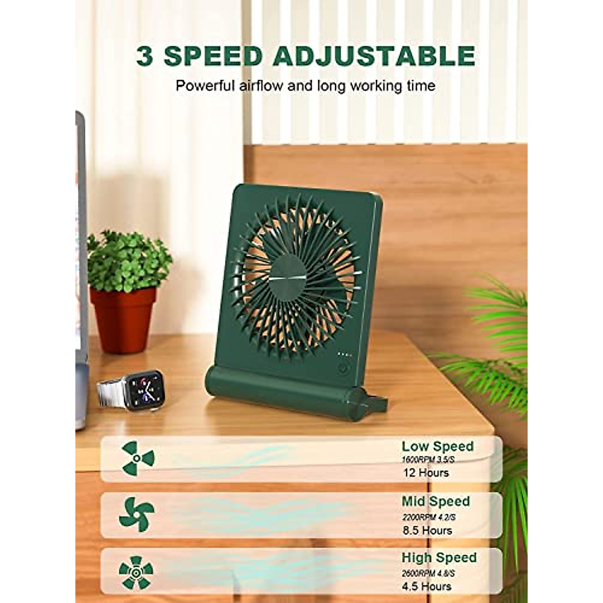 Tevelecin Small Desk Fan, 2000mAh Rechargeable USB Fan Battery Operated,Ultra Quiet, Strong Wind, 3 Speeds & about 4-12 Hours Longer Working, 180°Foldable Mini Desktop Fan for Home Office Travel Outdoor-Green