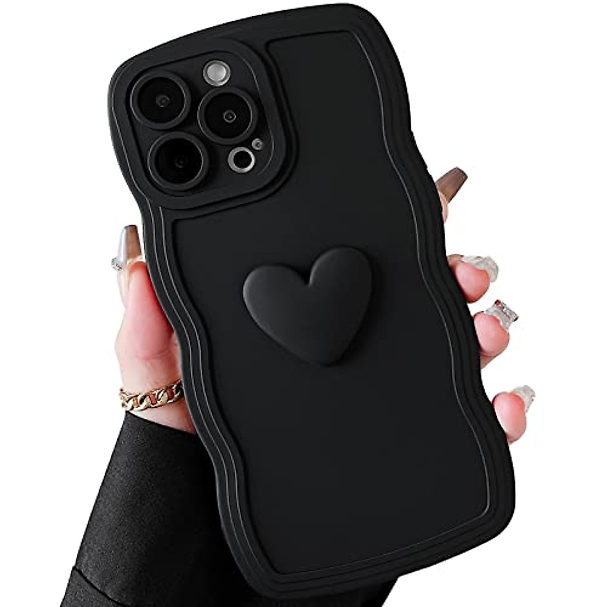 Qokey iPhone 13 Pro Max Case (6.7" 2021) - Cute 3D Love Heart Frame, Full Protection, Soft TPU Shockproof Cover, Women & Girls, Black