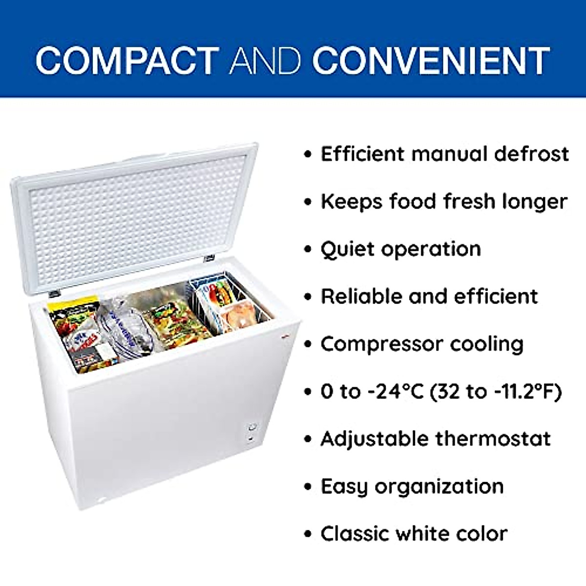 Koolatron Large Chest Freezer, 7.0 cu ft (195L), White, Manual Defrost Deep Freeze, Storage Basket, Space-Saving Flat Back, Stay-Open Lid, Front-Access Drain, for Basement, Laundry Room, Cottage