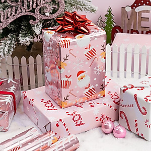 Afucus Reversible Pink Christmas Wrapping Paper, Christmas Tree, Joy Candy Cane, Snowflake, Reindeer, and HO Santa Laughter Themed Gift Wrap Paper, Mini Rolls for Christmas (17 Inch X 120 Inch)