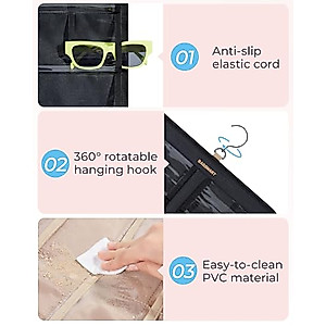 BAGSMART Hanging Jewelry Organizer, Dust Proof Sunglasses Storage Case Wall Mounted, Travel Dual Sided Glasses Case Multiple Pairs, Eyeglasses Holder with 32 Clear Slots & Metal Hook, Black