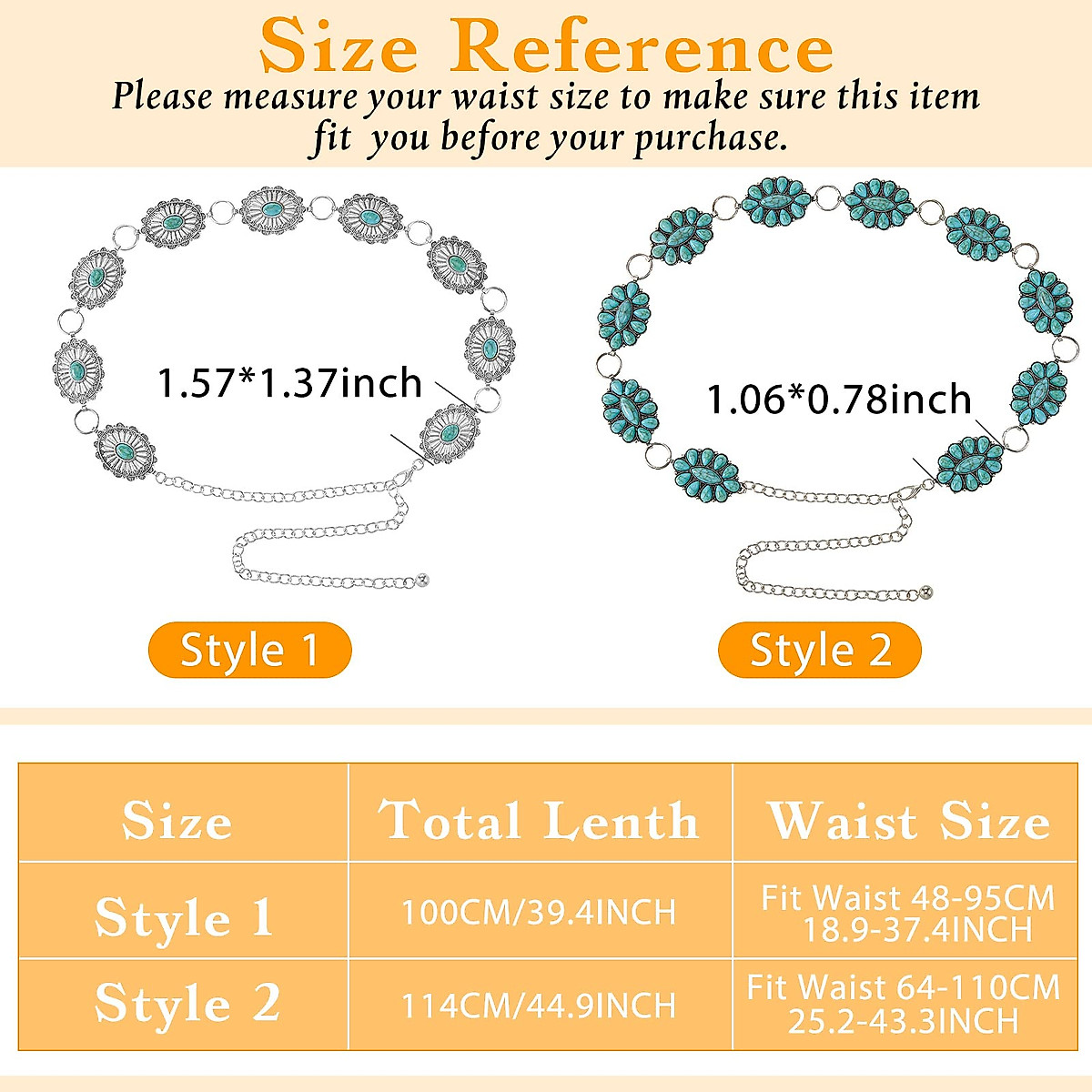 2 Pcs Turquoise Concho Chain Belt Adjustable Waist Belts for Women Western Metal Silver Belt for Dress Womens Turquoise Belt(Elegant Style)
