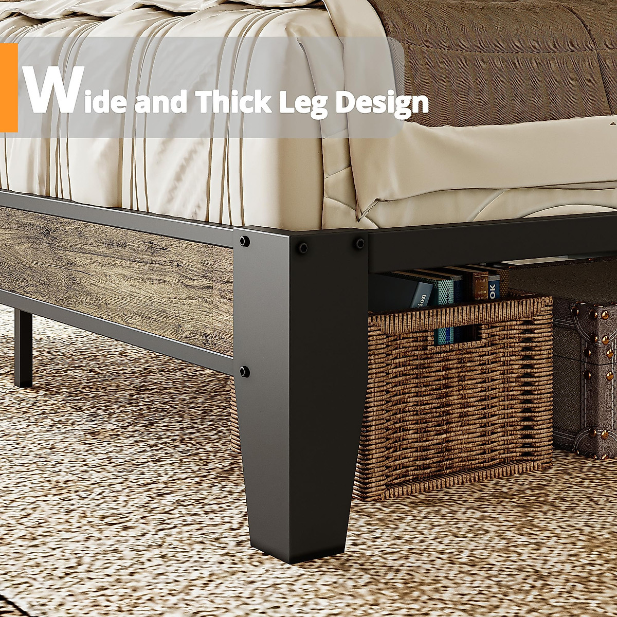 LIKIMIO Queen Bed Frame, Storage Headboard with Charging Station, Solid and Stable, Noise Free, No Box Spring Needed, Easy Assembly (Walnut and Beige)