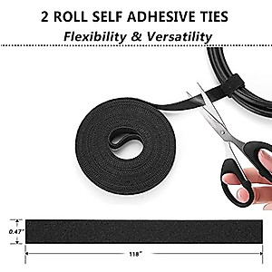 Cord Management Organizer Kit 4 Cable Sleeve Split with 41Self Adhesive Cable Clips Holder, 10pcs and 2 Roll Self Adhesive tie and 100 Fastening Cable Ties for TV Office Car Desk Home