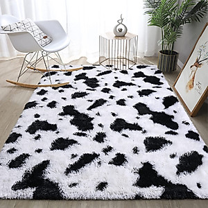 DweIke Super Soft Shaggy Rugs Fluffy Carpets, 3x5 Feet, Cow Print Rug for Living Room Bedroom, Fluffy ​Rug for Girls Kids Room, Shag Plush Rug for Teen Room Decor, Black-White
