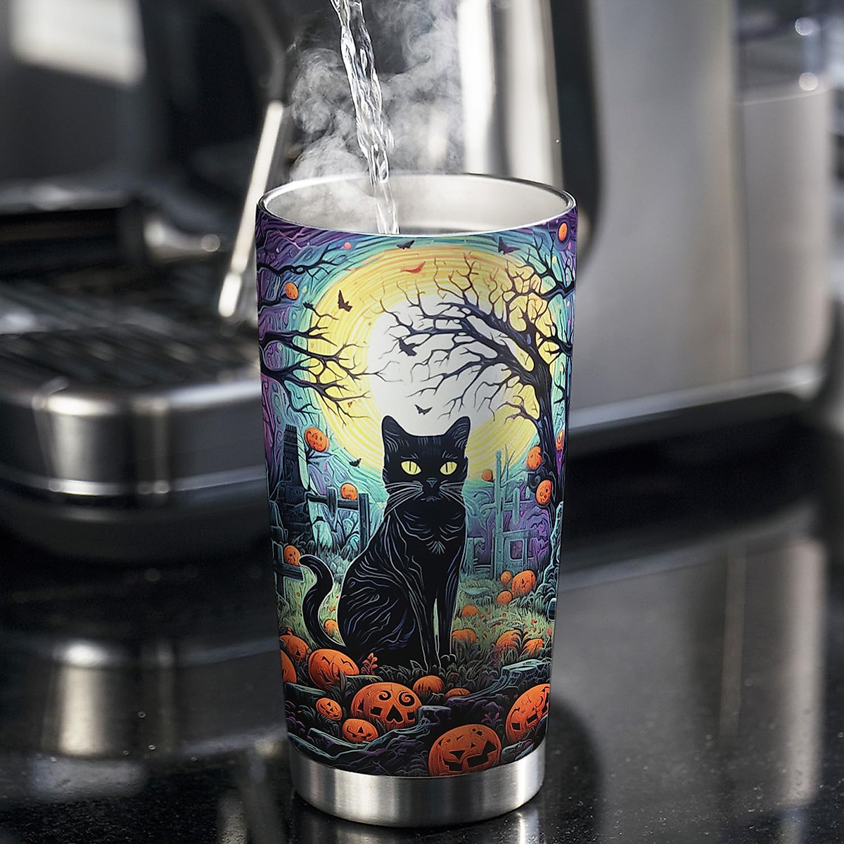 ORCAE 20oz Halloween Pumpkin Ghost Black Cat, Gifts for Cat Lovers, Halloween, Trick or Treat Gifts, Coffee Thermos, Stainless Steel Double Wall Vacuum Insulated Coffee Mug, Travel Cup with Lid - BH