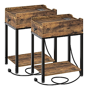 YATINEY Narrow Side Table with Drawer, Nightstand Set of 2 with Wireless Charging Station, End Table for Small Spaces, Non-Woven Fabric Drawers, for Living Room, Bedroom, Rustic Brown ET04L2BR
