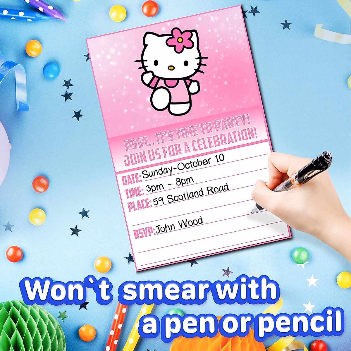 Set of 20 Cute Pink Cat Term or Description -Themed Happy Birthday Invitation Cards & Envelopes - Lightweight (240g), Postcard Style Invites for the Perfect Party Pack