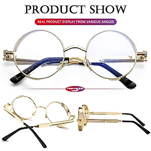 AIEYEZO Round Steampunk Sunglasses for Men Women Gothic Glasses Vintage Circle Metal Frame 100% UV Blocking Lens (Gold/Clear)