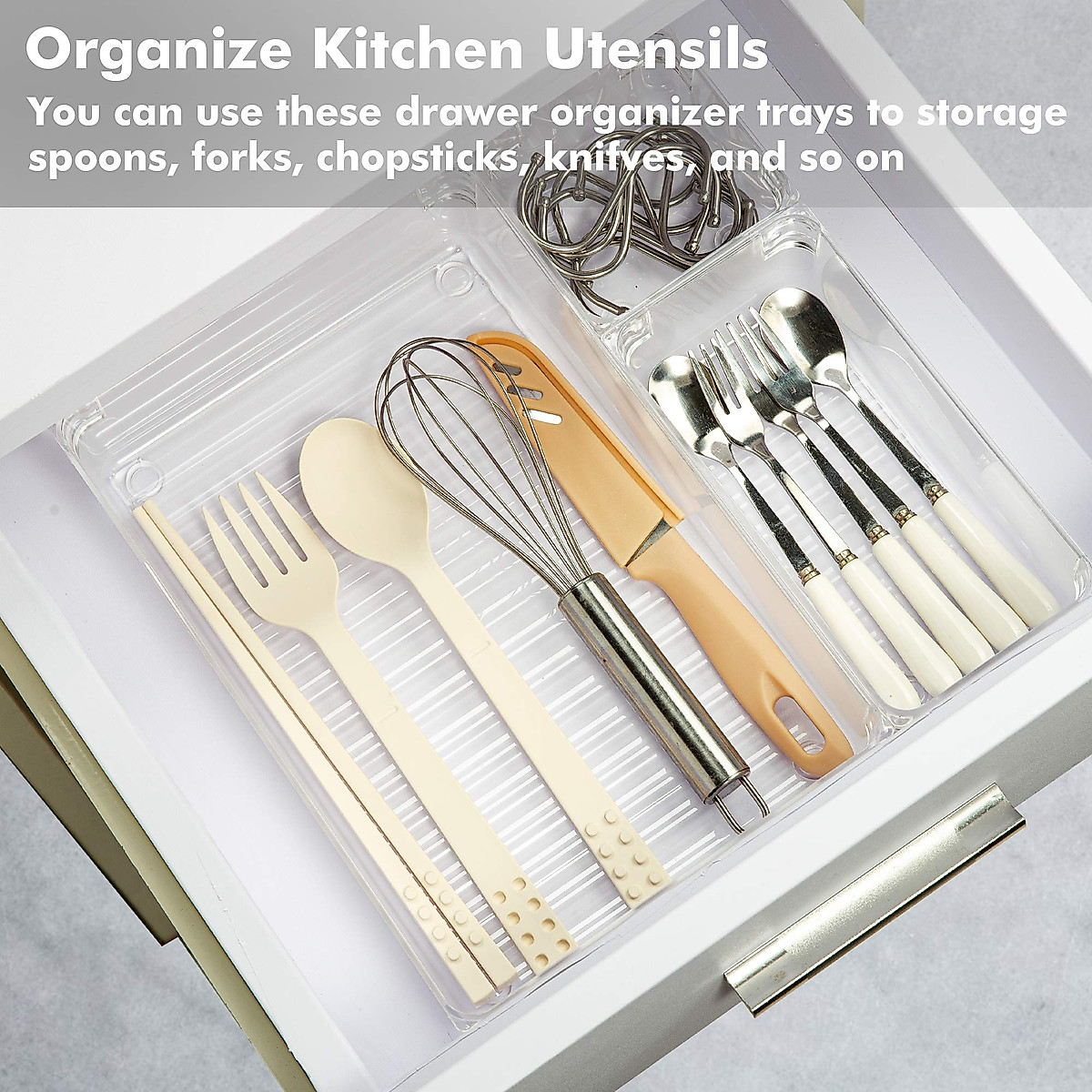 CHEFSTORY 23 PCS Clear Drawer Organizers Set, 4 Sizes Plastic Vanity Drawer Organizers and Storage Bins, Desk Drawer Organizer Trays with Non-slip Silicone Pads for Makeup,Bathroom and Kitchen