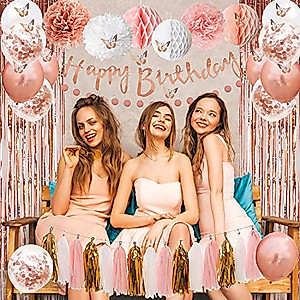 Upgraded Rose Gold Pink Birthday Party Decorations with Happy Birthday Banner,Curtains, Butterfly Wall,Circle Dots Garland,Tissue Pompoms,Paper Tassels Garland for Women Birthday Party Decorations