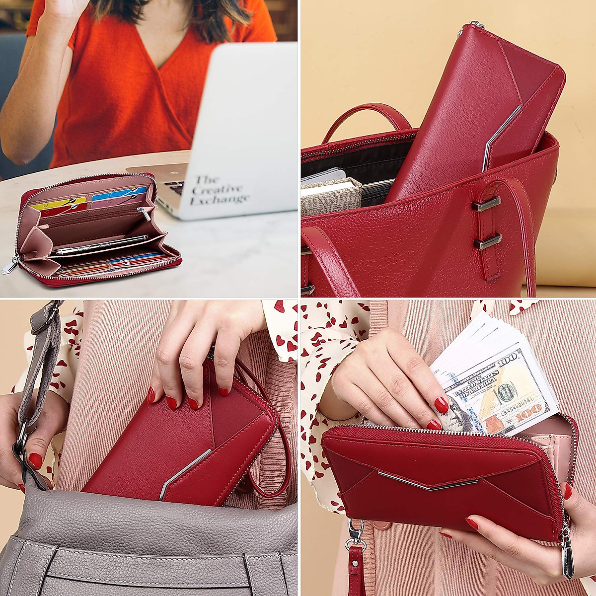 KOWENTIK Women Wallet Leather Zip Phone Clutch Large Travel Organizer Zipper Coin Purse Wristlet (Wallet tye1-Red)