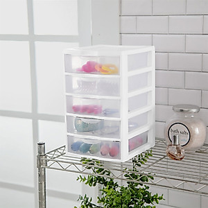 Sterilite 20758004 Small 5 Drawer Unit, White Frame with Clear Drawers, 4-Pack