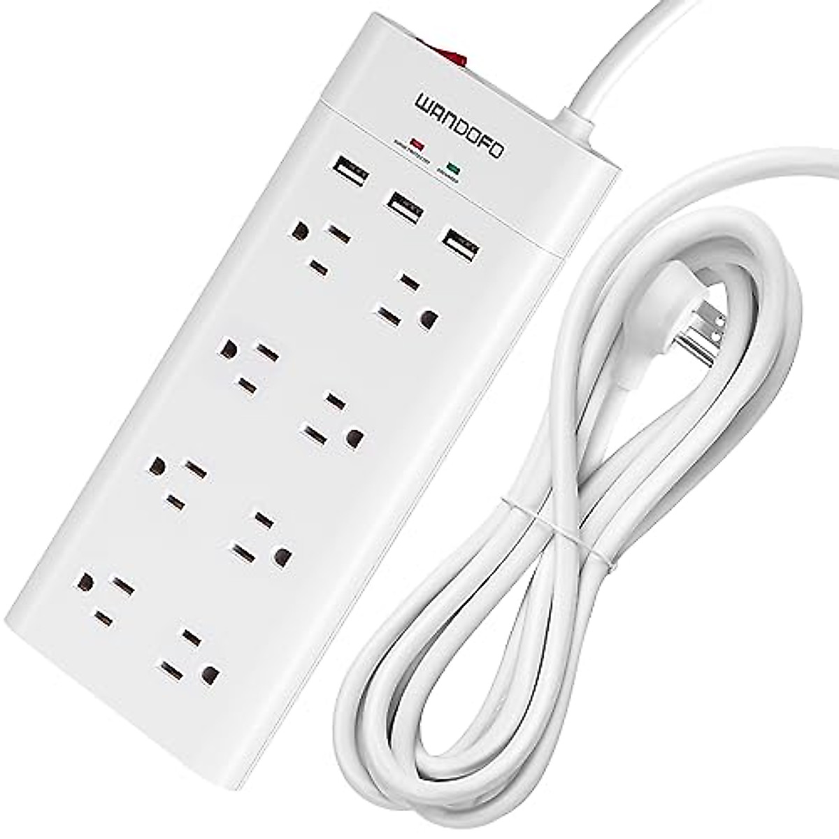 WANDOFO 12 FT Surge Protector Power Strip, 8 Outlet 1050J 12 Foot Long Extension Cord, 15A/1800W, 15A Breaker, 5V 3.1A Smart USB Port, Low Profile Flat Plug, Wall Mountable, White