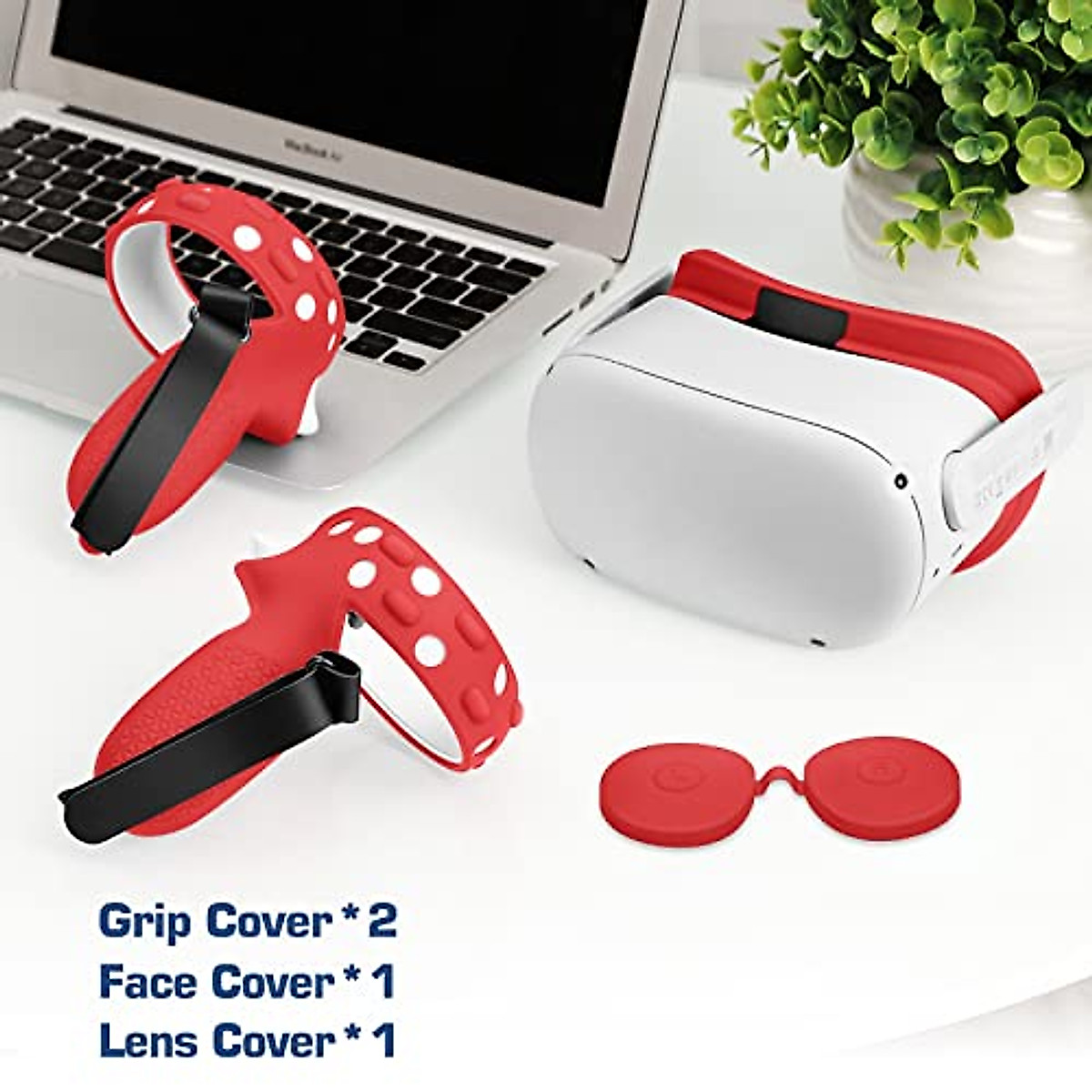 FINPAC Protective Cover Sleeve for Quest 2 Gaming VR Headset, Silicone Sweatproof Face Cover + Lens Cap + Touch Controller Grip Cover Bundle for Virtual Reality Accessories (Red)