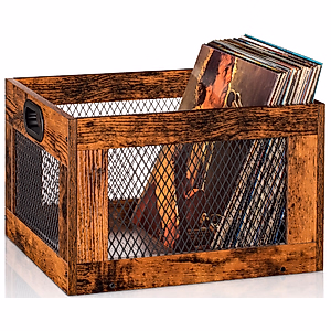 3IngSeagulls Vinyl Record Storage Crate Wooden Record Holder, Classic Cube Record Organizer Storage 100+ Records, Brown Color Vinyl Record Holder for Albums Super Easy to Assemble…