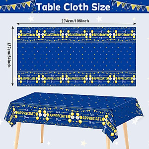 CHUNNIN 3pcs We Appreciate You Table Cloth Thank You Decorations for Work Anniversary Party Disposable Plastic Blue and Gold Table Cover for Coworker Employee Volunteer Teacher Appreciation Supplies