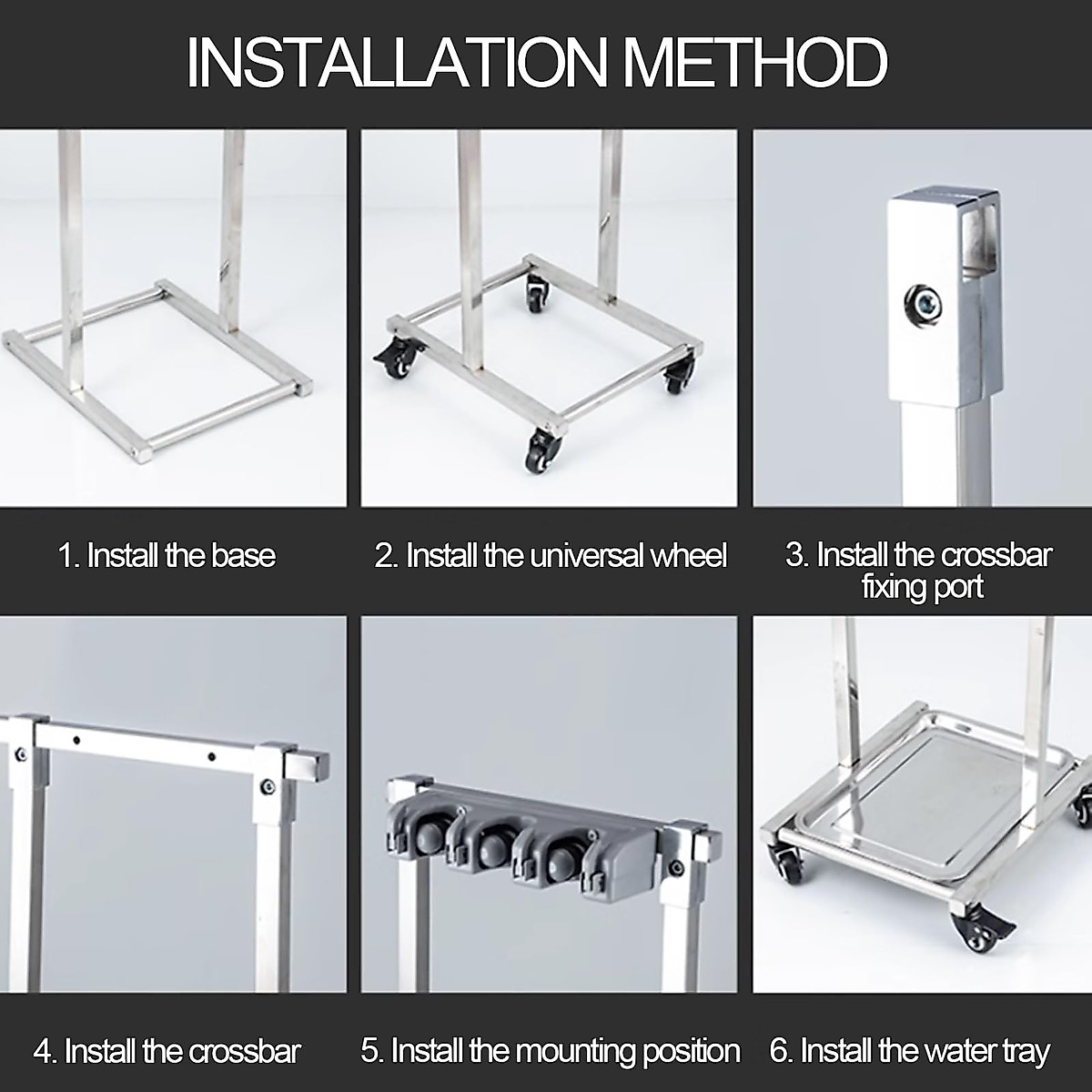 IGZVMBO Hanging Broom Mop Holder, Hand Trucks Broom, Movable Commercial Mop Rack, Cleaning Cart On Wheels, Tool Storage for Garage Garden Closet, 62x40x96cm(6slots), Silver