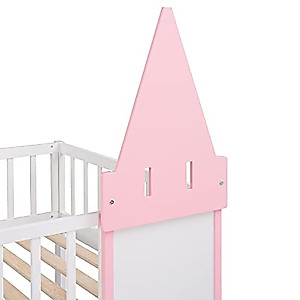 BOVZA Castle Bed Kids Bunk Bed Twin Over Twin with Ladder and Safety Guardrails for Girls Boys, Pink