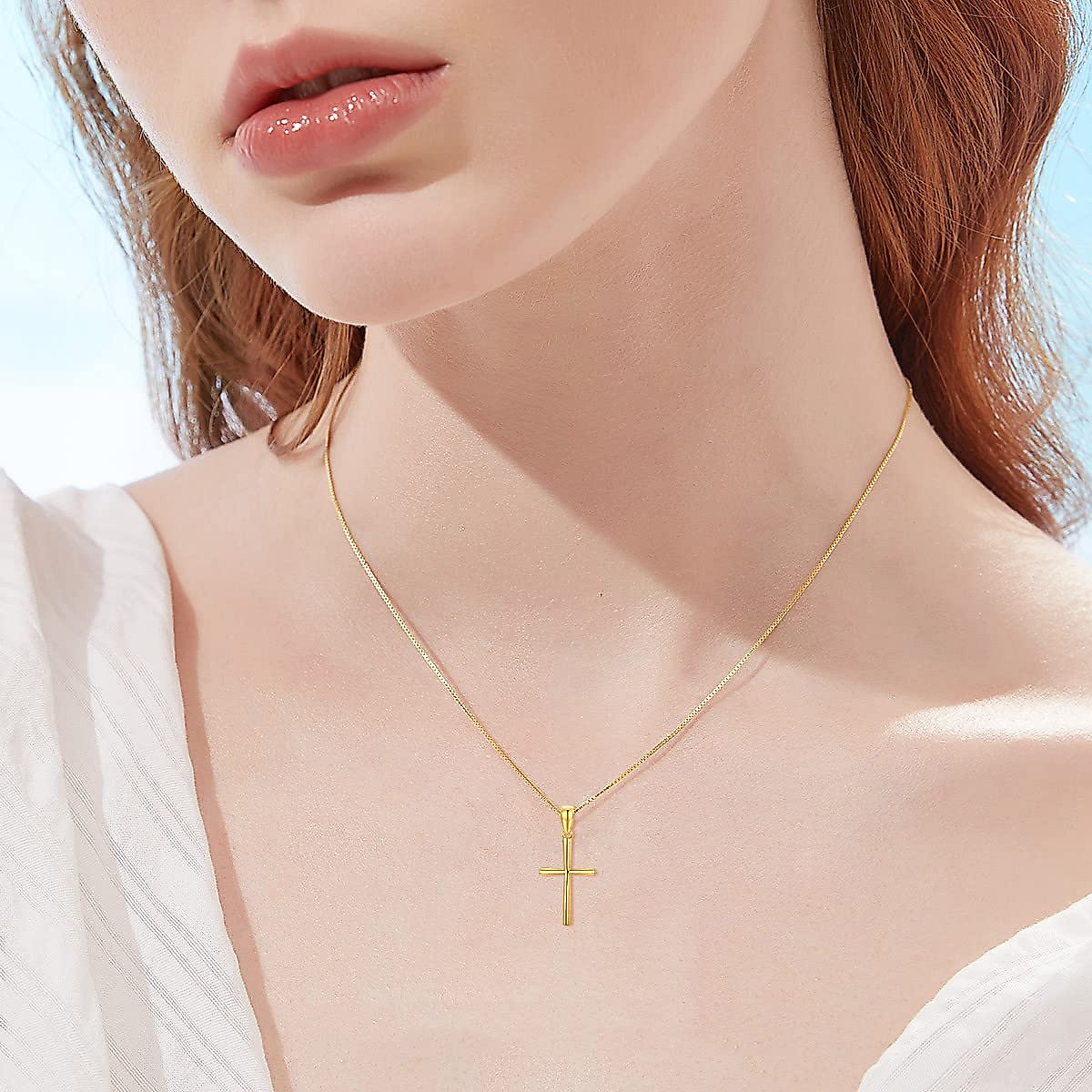 SISGEM 14k Gold Cross Pendant and Box Chain Necklace for Women, Baptism Jewelry Confirmation Gifts for Her, 18 inch