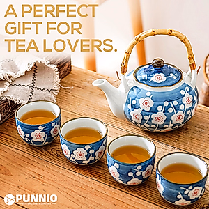 PUNNIO Japanese Tea Set, Japanese Style Porcelain Tea Sets for Adult, 1 Ceramic Tea Pot with Handle & 1 Stainless Steel Tea Filter & 6 Tea Cups (Sakura)
