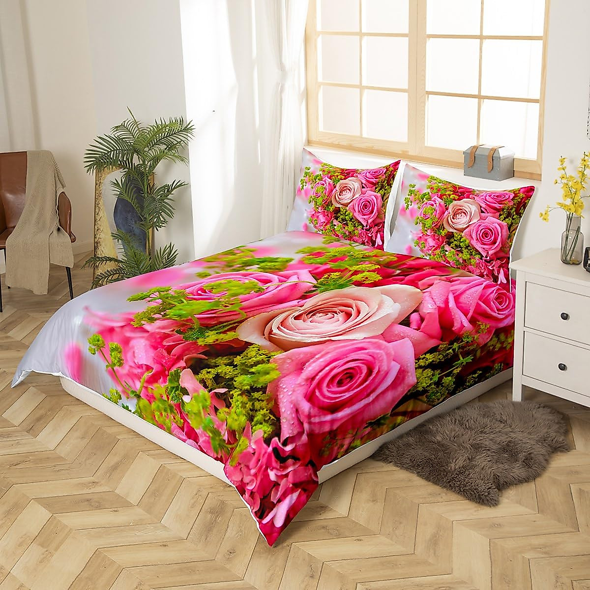 Feelyou Pink Roses Duvet Cover Set Queen Size Valentine's Day Bedding Set for Her Kids Teens Girls Lovers Couple Wife Rose Flowers Room Decor Valentines Floral Comforter Cover with 2 Pillow Shams