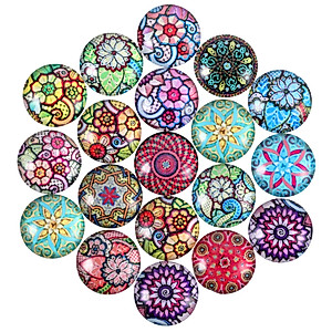 JOVITEC 200 Pieces 12 mm Flower Pattern Glass Beads Mixed Color Flat Marbles Mosaic Printed Half Round Crafts Glass Mosaic for Jewelry Making