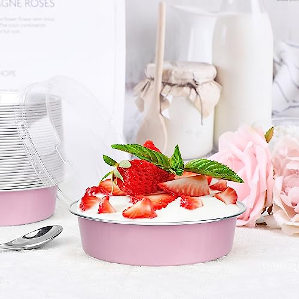 Suice Mini Cake Pans with Lids, 100PCS Disposable Foil Cupcake Baking Cups with Lid, 8oz Light Pink Cupcake Liners with Lids Mini Muffin Pan Cake Tins, Aluminum Creme Brulee Ramekins Dessert Cups