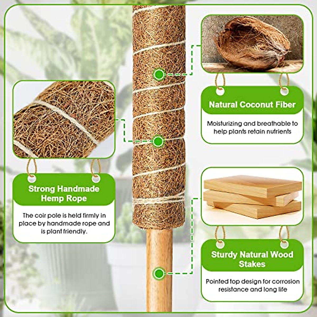 [6 Pack] 94'' Moss Pole, Moss Pole for Plants Monstera, Plant Support Stakes for Indoor Climbing Plants, Monstera Stakes Coco Coir Pole for Potted Plants with 12 Pcs Plant Labels and 100 Pcs Ties