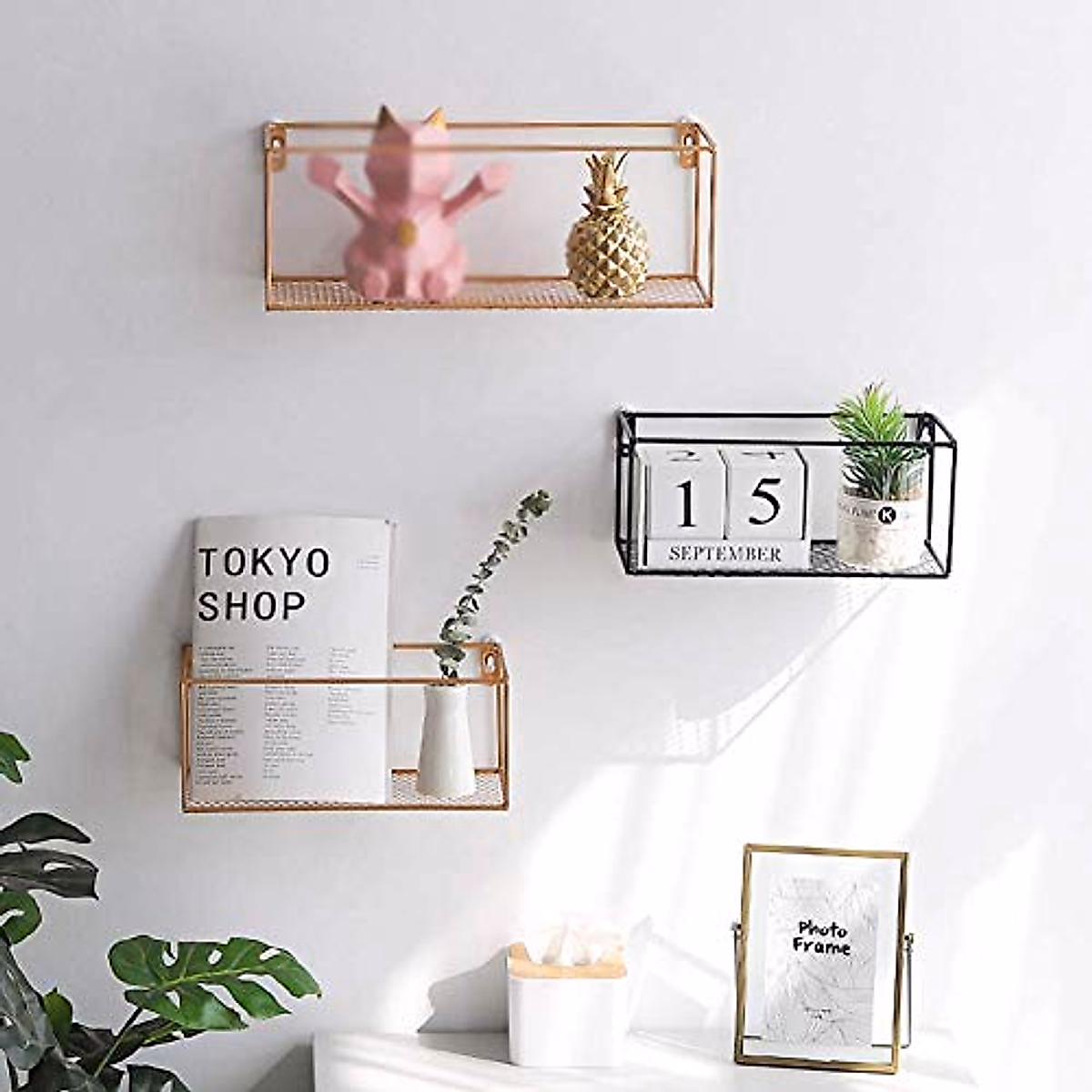 PIBM Stylish Simplicity Shelf Wall Mounted Floating Rack Shelves Iron Art Storage Storage Dorm Room Clothing Store Coffee Shop Bearing Strong,2 Colours,3 Sizes, Gold , 50.5x16x16cm