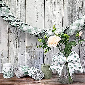 30 Yards Eucalyptus Wired Ribbon Sage Green Leaves Burlap Ribbons Greenery Decorative Ribbon Checkered Stripe Ribbon for Wedding Party Bridal Bouquets Spring Bow Wreath Making DIY Crafts