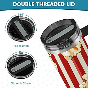 Selerdon 40 oz Tumbler Popcorn Red Striped with Handle and Straw Lid Vacuum Stainless Steel Insulated Water Bottle Travel Mug Car Cup Holder Friendly BPA Free for Gym Travel Office