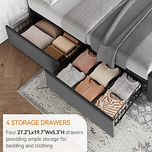 IDEALHOUSE Queen Size Bed Frame with 4 Storage Drawers and Headboard, Linen Upholstered Platform Bed Frame with Wooden Slats Support, Button Tufted Design, No Box Spring Needed, Dark Grey
