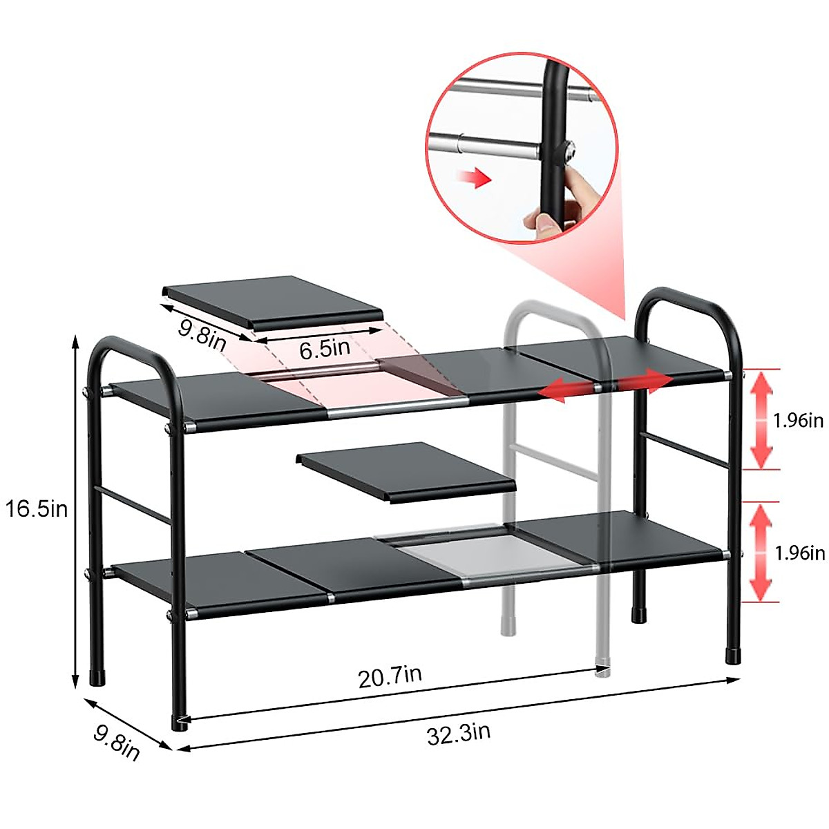WonCherry Expandable Under Sink Organizers, 2-Tier Kitchen Bathroom Cabinet Storage Counter Shelf, Shoe Storage Rack with 8 Removable Plastic Boards for Kitchen, Bathroom, Pantry, Entryway, Closet